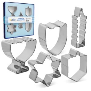 aviv judaica hanukkah fun stainless steel cookie cutters molds set of 5 chanukah story shapes - menorah - dreidel - candle - maccabee shield - star of david