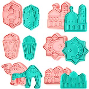 6 pieces eid mubarak cookie cutters set, islamic muslim ramadan 3d sugar cookie pie crust cutter pastry fondant stamper baking mold cake decorating tool, embossing, lantern, camel, star, moon