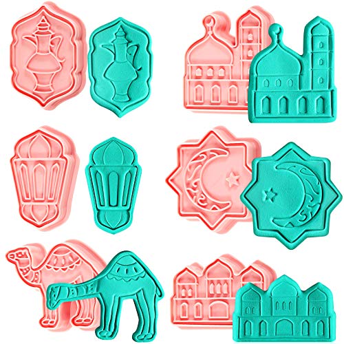 6 Pieces Eid Mubarak Cookie Cutters Set, Islamic Muslim Ramadan 3D Sugar Cookie Pie Crust Cutter Pastry Fondant Stamper Baking Mold Cake Decorating Tool, Embossing, Lantern, Camel, Star, Moon