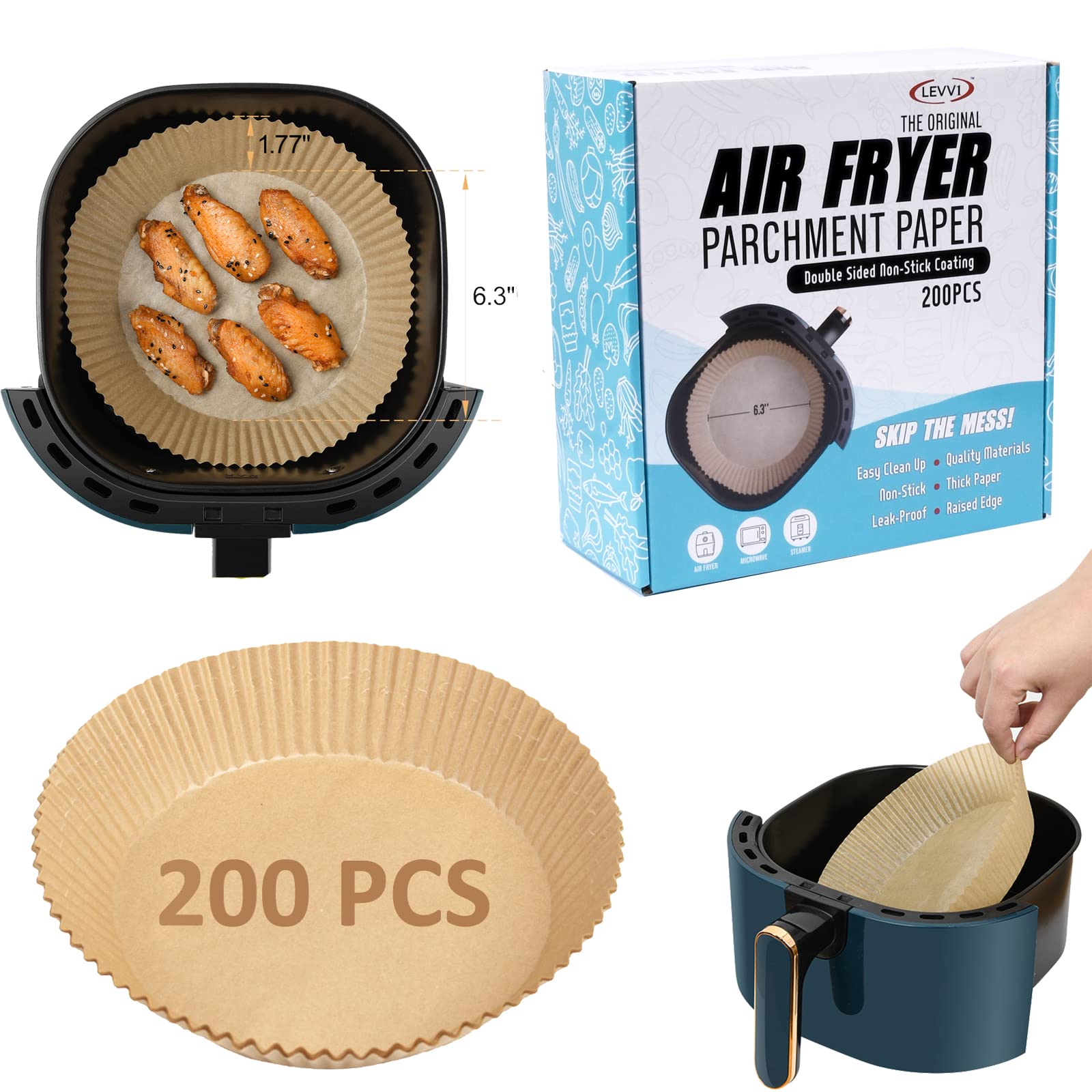 Air Fryer Disposable Paper Liner, 200PCS Non-stick Paper for Air Fryer Oil-proof, Water-proof, Natural Food Grade Parchment Paper for Baking Roasting Microwave (Size – 6.3in)