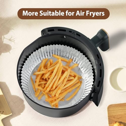 Air Fryer Liners, Fecolmena 50 PCS Disposable Round Aluminum Foil Papers, Safe Food Contact Grade Material & High Temperature Resistant for Air Fryers and Ovens