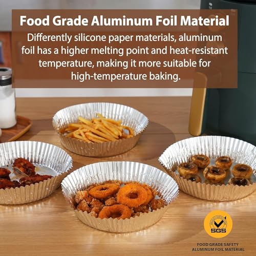 Air Fryer Liners, Fecolmena 50 PCS Disposable Round Aluminum Foil Papers, Safe Food Contact Grade Material & High Temperature Resistant for Air Fryers and Ovens