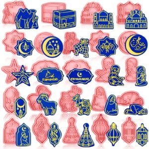 24 pcs 3d plastic eid mubarak cookie cutter set plunger stamp islamic muslim cookie cutters pink baking ramadan gift mosque lantern moon embossed fondant mold islamic star camel biscuit cutters