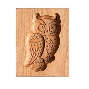 Wooden Animal Cookie Molds, Press Type Cookie Cutter With 3D Squirrel, Owl, Seahorse, Rooster, Rooster,Bird, Fish Design, Wood Biscuit Molds With Good Wishes for Baking (Owl)