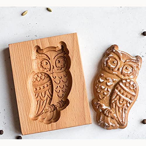 Wooden Animal Cookie Molds, Press Type Cookie Cutter With 3D Squirrel, Owl, Seahorse, Rooster, Rooster,Bird, Fish Design, Wood Biscuit Molds With Good Wishes for Baking (Owl)