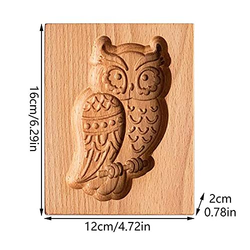 Wooden Animal Cookie Molds, Press Type Cookie Cutter With 3D Squirrel, Owl, Seahorse, Rooster, Rooster,Bird, Fish Design, Wood Biscuit Molds With Good Wishes for Baking (Owl)