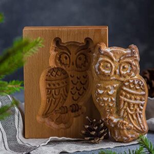 Wooden Animal Cookie Molds, Press Type Cookie Cutter With 3D Squirrel, Owl, Seahorse, Rooster, Rooster,Bird, Fish Design, Wood Biscuit Molds With Good Wishes for Baking (Owl)