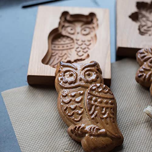 Wooden Animal Cookie Molds, Press Type Cookie Cutter With 3D Squirrel, Owl, Seahorse, Rooster, Rooster,Bird, Fish Design, Wood Biscuit Molds With Good Wishes for Baking (Owl)