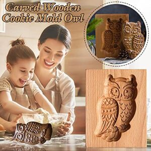 Wooden Animal Cookie Molds, Press Type Cookie Cutter With 3D Squirrel, Owl, Seahorse, Rooster, Rooster,Bird, Fish Design, Wood Biscuit Molds With Good Wishes for Baking (Owl)