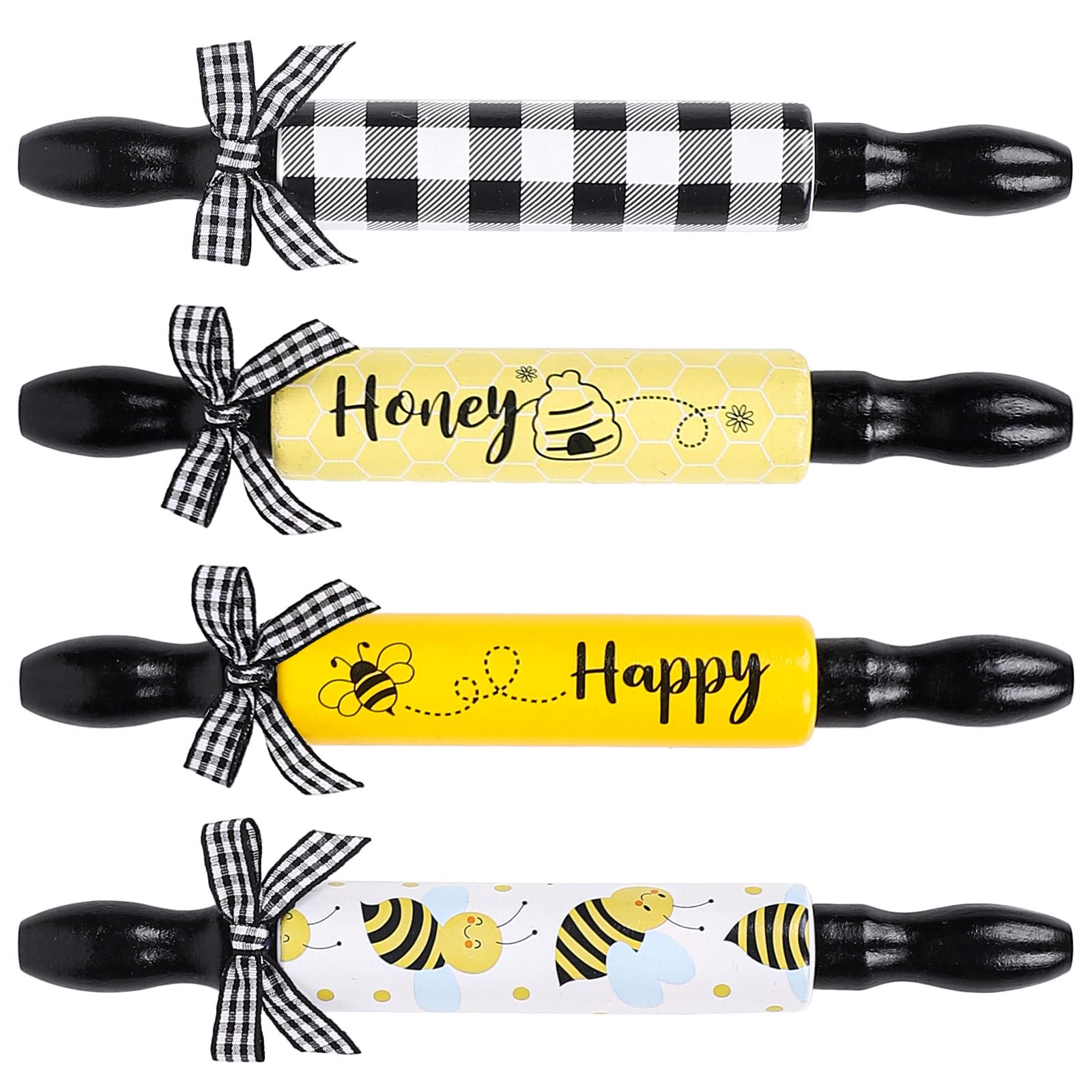 Whaline 4Pcs Honey Bee Mini Rolling Pins Bee Tiered Tray Decor with Bow Black Yellow Home Kitchen Wooden Farmhouse Bee Happy Decoration Table Centerpiece for Shelf Mantelpiece