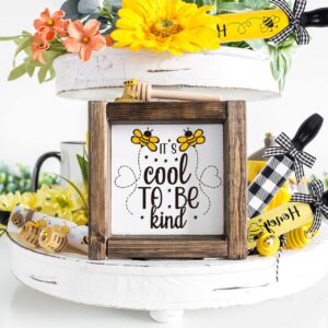 Whaline 4Pcs Honey Bee Mini Rolling Pins Bee Tiered Tray Decor with Bow Black Yellow Home Kitchen Wooden Farmhouse Bee Happy Decoration Table Centerpiece for Shelf Mantelpiece