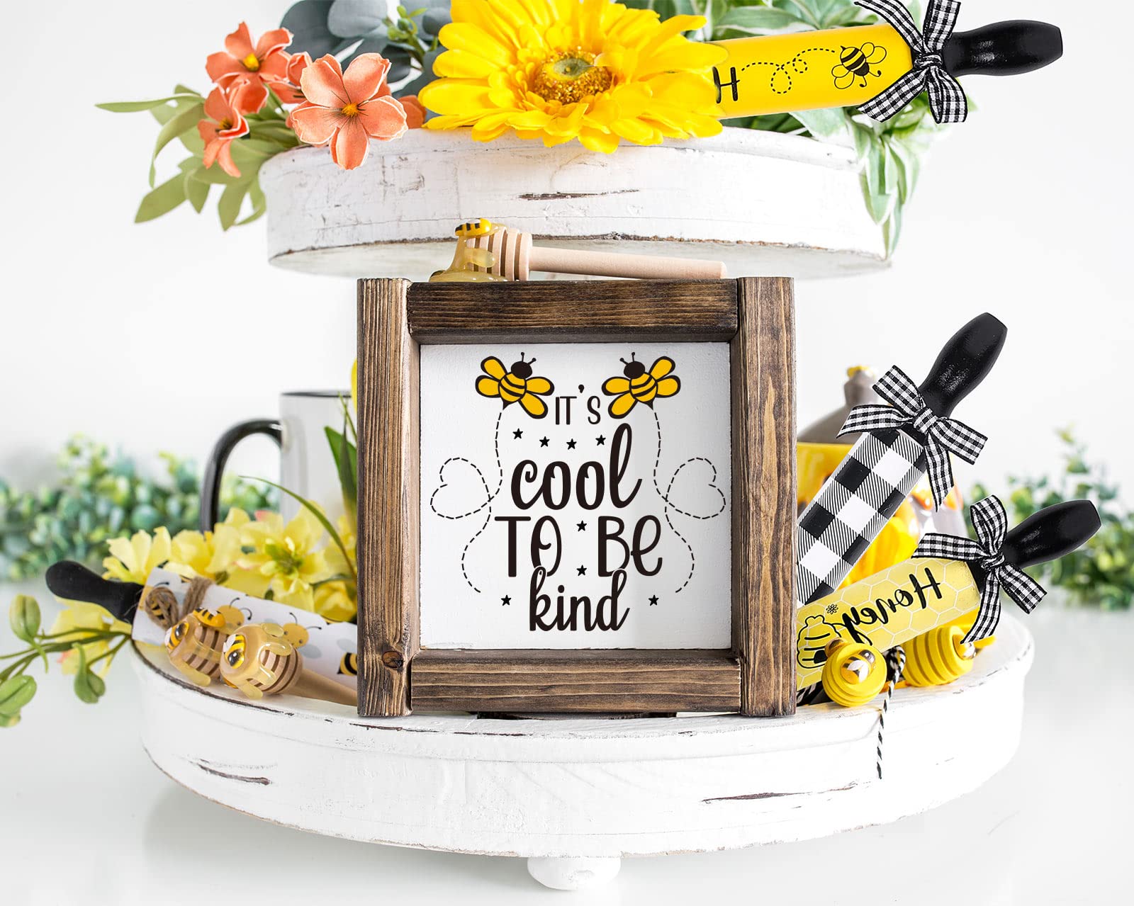 Whaline 4Pcs Honey Bee Mini Rolling Pins Bee Tiered Tray Decor with Bow Black Yellow Home Kitchen Wooden Farmhouse Bee Happy Decoration Table Centerpiece for Shelf Mantelpiece