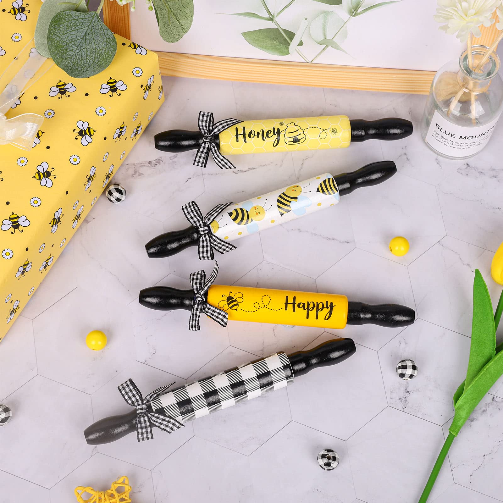 Whaline 4Pcs Honey Bee Mini Rolling Pins Bee Tiered Tray Decor with Bow Black Yellow Home Kitchen Wooden Farmhouse Bee Happy Decoration Table Centerpiece for Shelf Mantelpiece