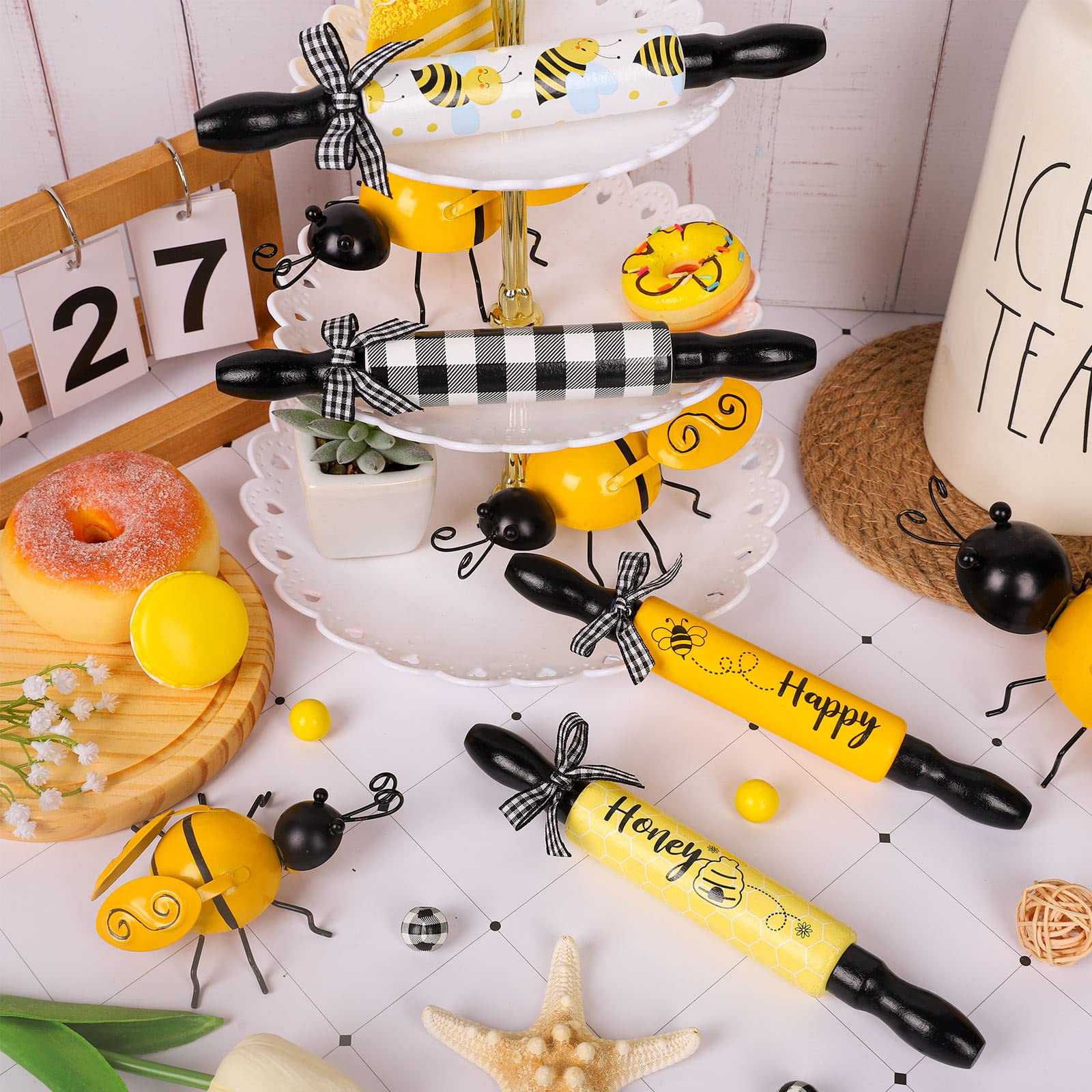 Whaline 4Pcs Honey Bee Mini Rolling Pins Bee Tiered Tray Decor with Bow Black Yellow Home Kitchen Wooden Farmhouse Bee Happy Decoration Table Centerpiece for Shelf Mantelpiece