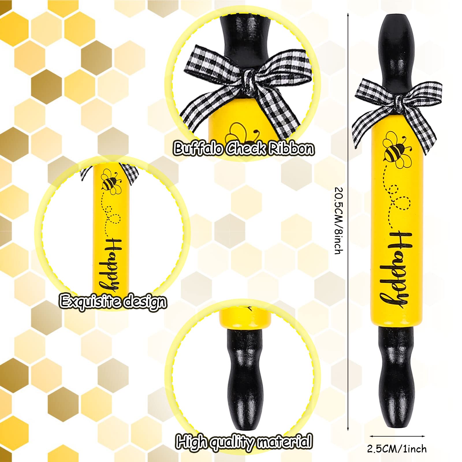 Whaline 4Pcs Honey Bee Mini Rolling Pins Bee Tiered Tray Decor with Bow Black Yellow Home Kitchen Wooden Farmhouse Bee Happy Decoration Table Centerpiece for Shelf Mantelpiece