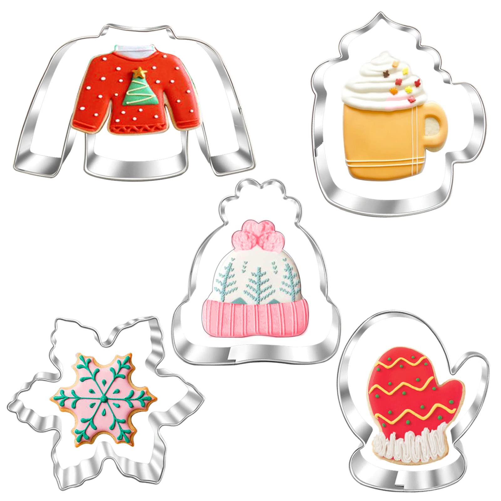 LUBTOSMN New Winter Christmas Cookie Cutter Set-5 Piece-Ugly Sweater, Hat, Mitten, Snowflake, Coffee Mug Cookie Fondant Biscui Cutters for Ugly Vintage Christmas Thanksgiving