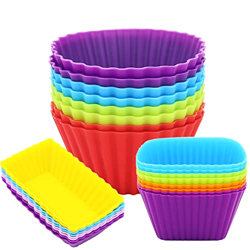 Wisehold 24PCS Silicone Lunch Cups, 3 Shapes of Large Silicone Cupcake Liners, Reusable Silicone Baking Cups, Multisize Silicone Muffin Cups for Lunch Box Dividers