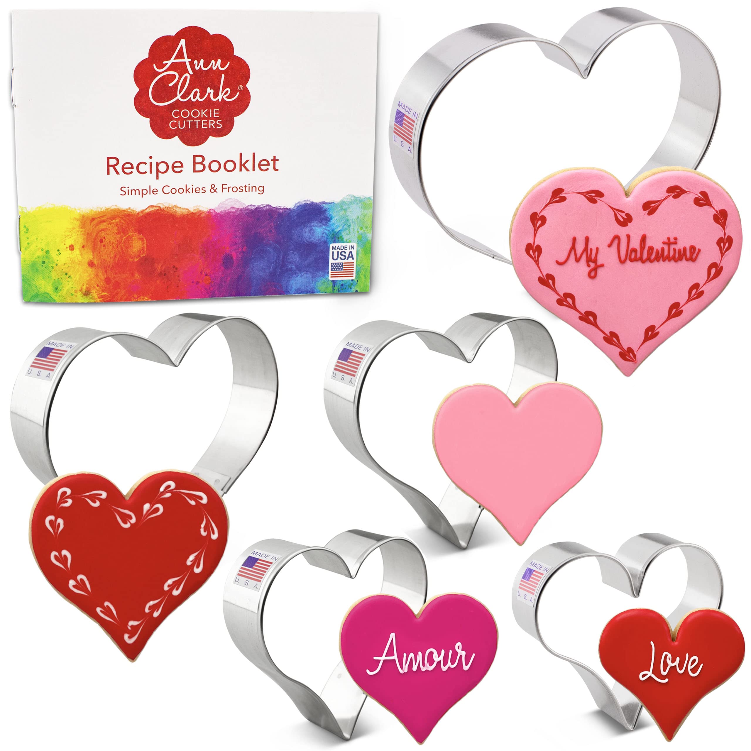 Heart Cookie Cutters 5-Pc. Set Made in USA by Ann Clark, 5", 4.25", 4", 3.5", 3"