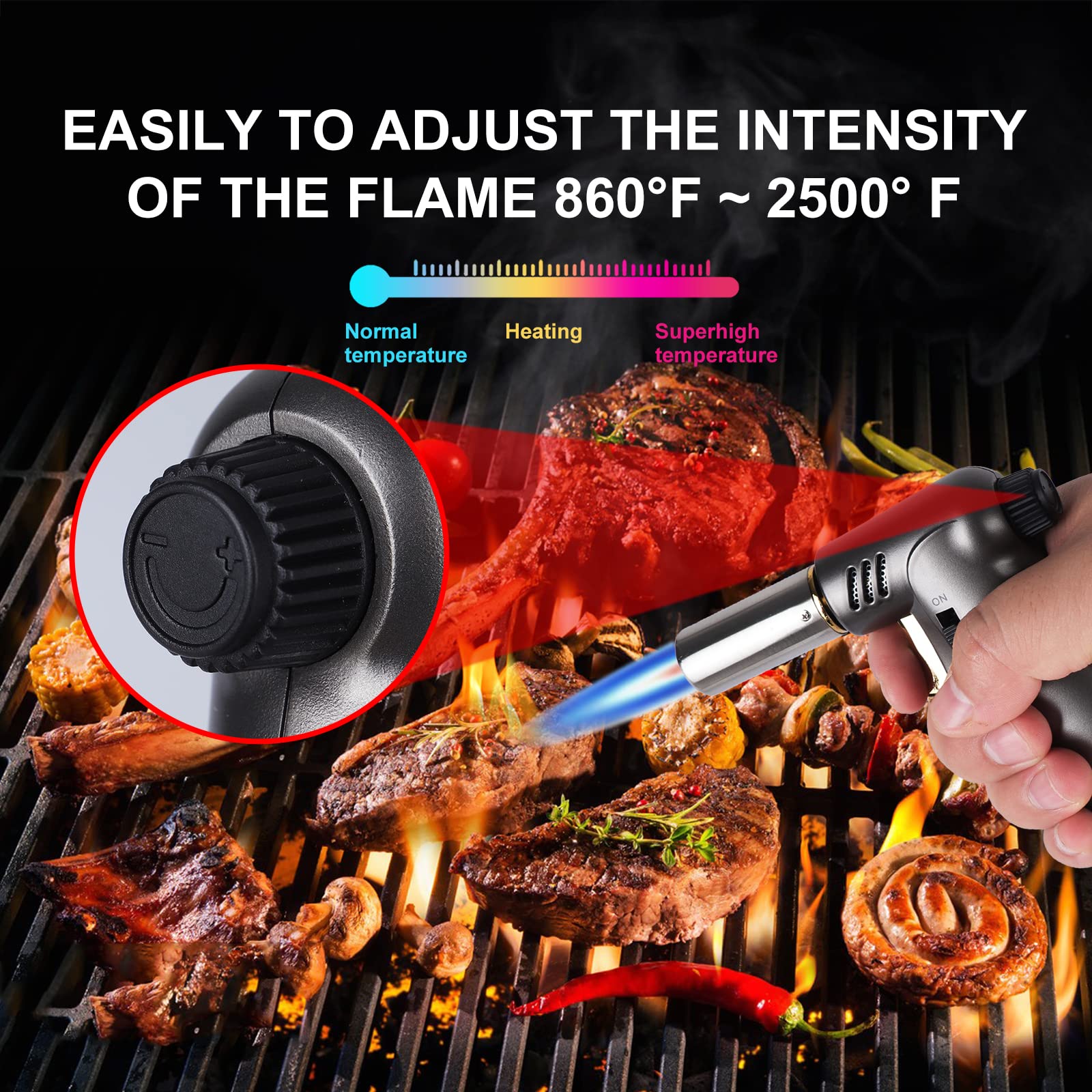 Butane Torch, Premium Double Flame Big Kitchen Torch Lighters with Safety Lock Adjustable Refillable Multipurpose Culinary Blow Torch for Creme Brulee, Baking, BBQ (Butane Gas Not Included)