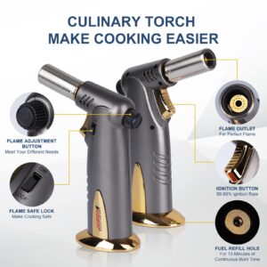 Butane Torch, Premium Double Flame Big Kitchen Torch Lighters with Safety Lock Adjustable Refillable Multipurpose Culinary Blow Torch for Creme Brulee, Baking, BBQ (Butane Gas Not Included)