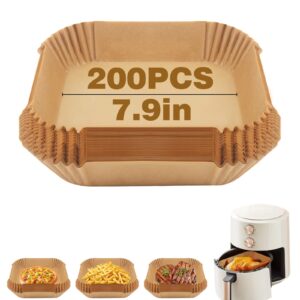 200 Pcs Air Fryer Liners – 7.9 in Square Non-Stick Air Fryer Disposable Paper liner, Unbleached Oil-proof Airfryer Liners, Natural Air Fryer Parchment Paper Liners for Fryers Frying Pan Microwave Oven