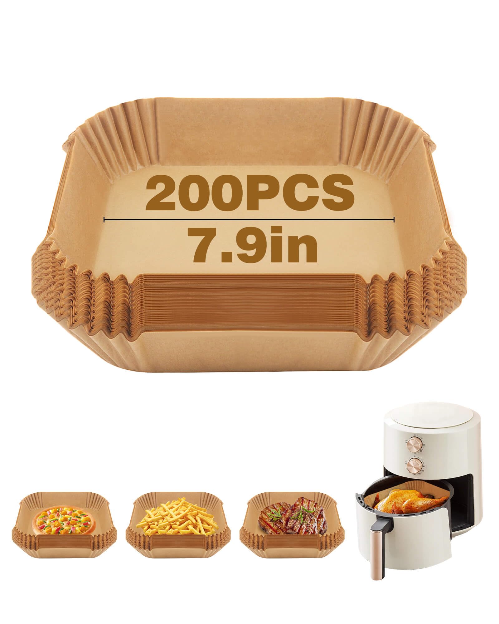 200 Pcs Air Fryer Liners – 7.9 in Square Non-Stick Air Fryer Disposable Paper liner, Unbleached Oil-proof Airfryer Liners, Natural Air Fryer Parchment Paper Liners for Fryers Frying Pan Microwave Oven