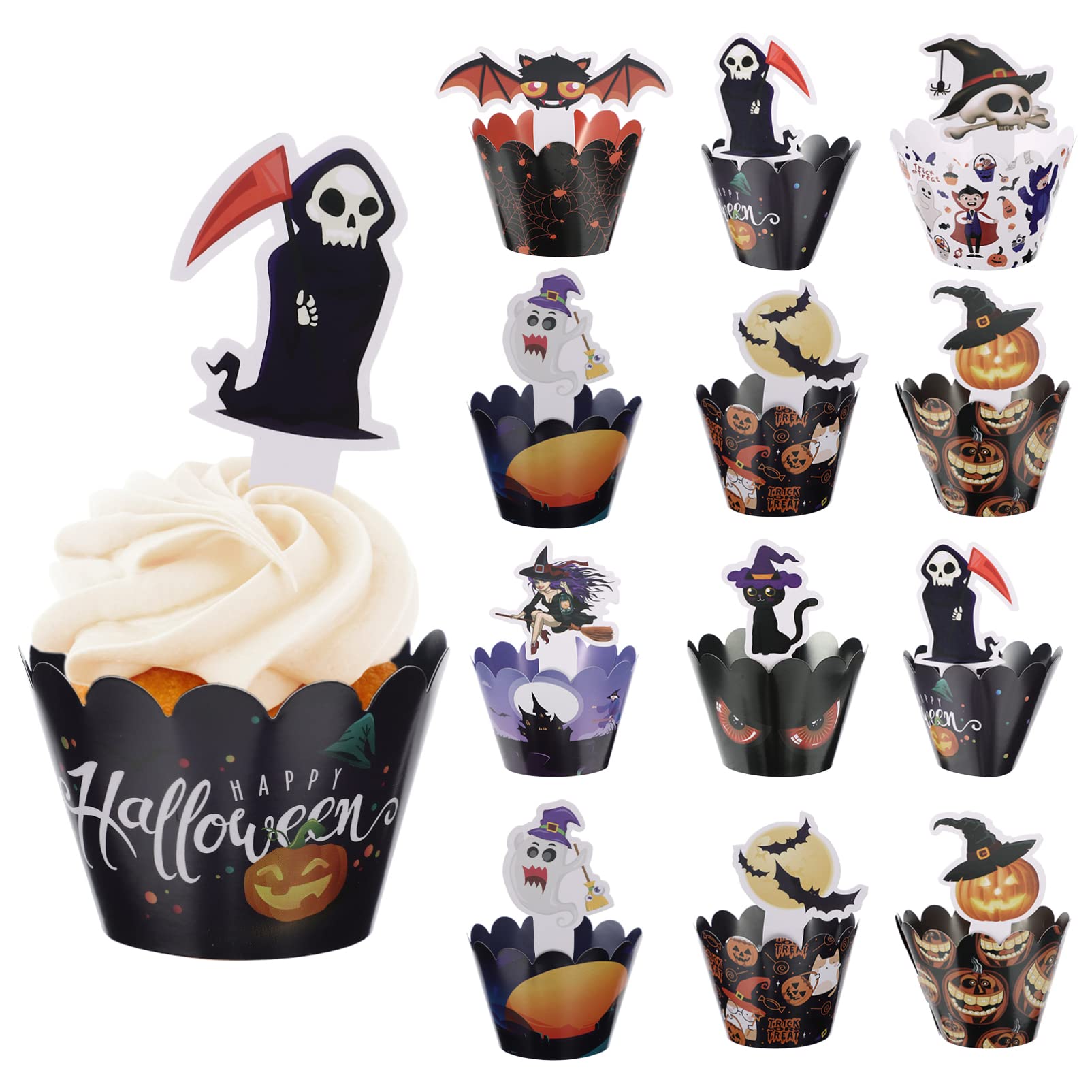 ABOOFAN 96pcs Halloween Cupcake Toppers Wrappers Bats Cupcake Picks Pumpkin Cupcake Case Liners Baking Cups Muffin Liners for Supplies Favors