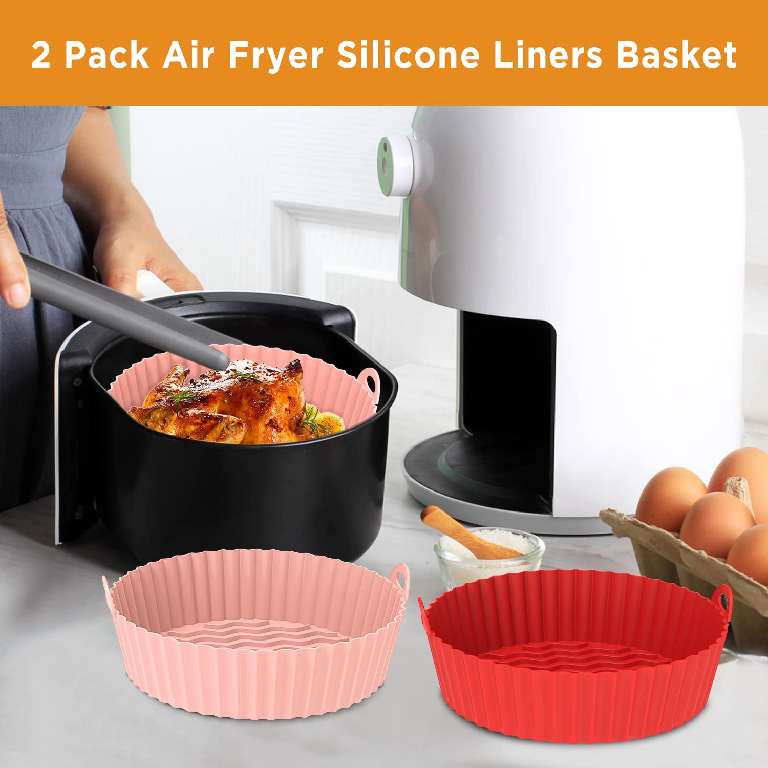 OUTXE 2 Pack Air Fryer Silicone Baking Tray 7.5inch for 3 to 5 Qt (Blue+Grey), OUTXE 2-Pack Silicone Air Fryer Liner 7.5inch (Red+Pink)