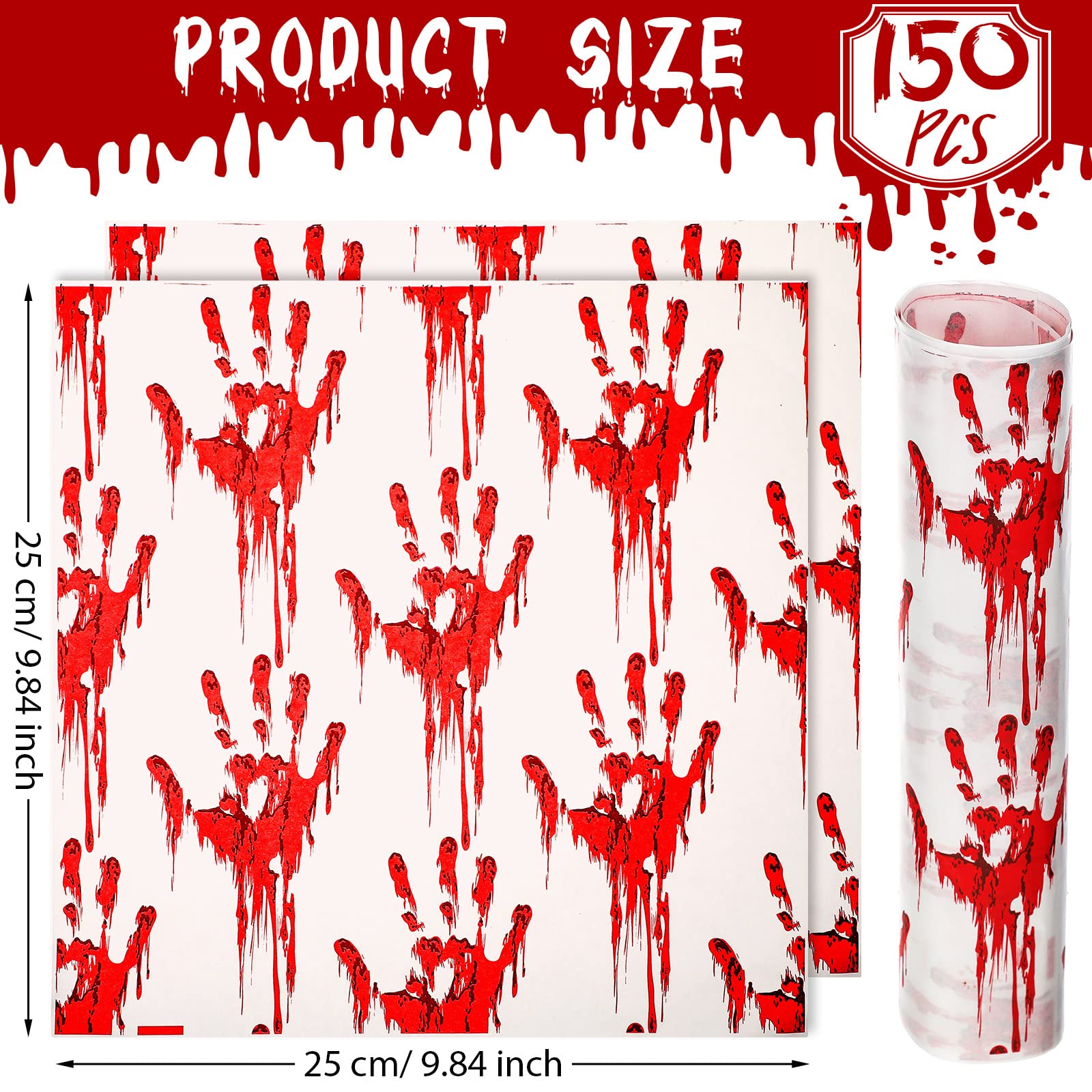 150 Pcs Halloween Wax Paper Sheets Food Dry Wrapping Paper with Blood Pattern Square Waterproof Deli Paper Oil Proof Sandwich Tray Picnic Basket Liners for Halloween Party Kitchen Handmade Supplies