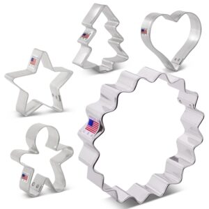 Christmas Linzer Cookie Cutters 5-Pc. Set Made in USA by Ann Clark, Fluted Circle, Mini Heart, Mini Christmas Tree, Mini Star, Mini Gingerbread Man