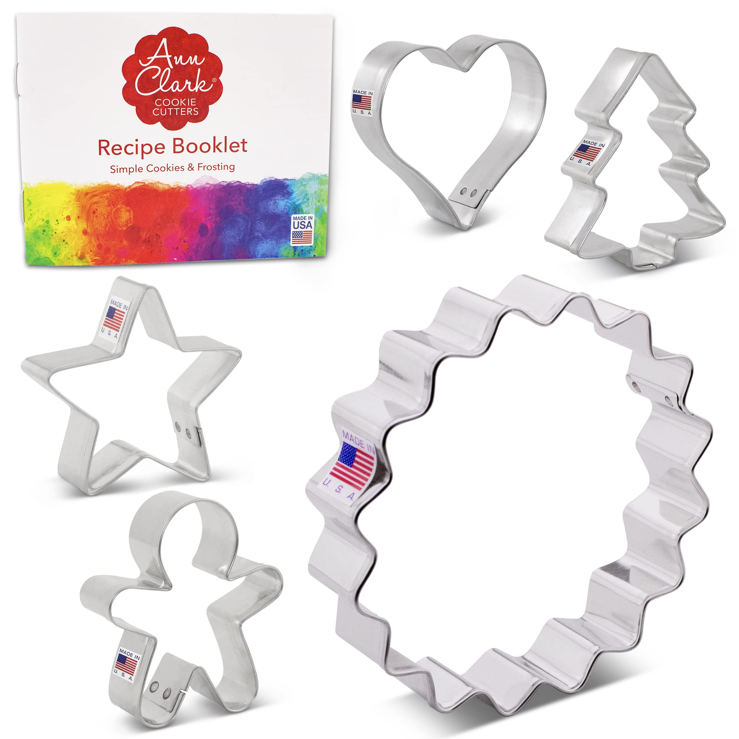 Christmas Linzer Cookie Cutters 5-Pc. Set Made in USA by Ann Clark, Fluted Circle, Mini Heart, Mini Christmas Tree, Mini Star, Mini Gingerbread Man