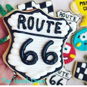 Hwy Route 66 Cookie Cutter 5 Piece Set from The Cookie Cutter Shop - Circle Wheel/Tire, Flag, Route 66 Sign, Square Plaque, Race Car Cookie Cutters – Tin Plated Steel Cookie Cutters