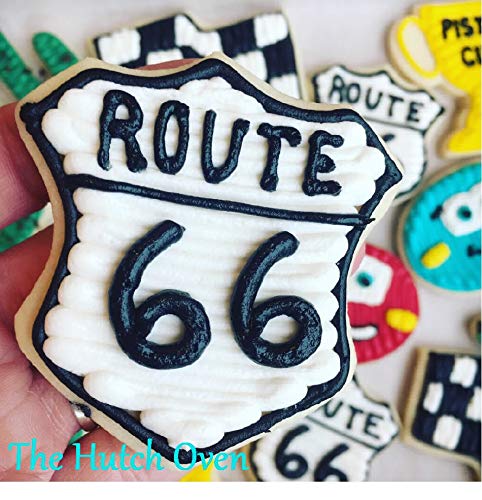 Hwy Route 66 Cookie Cutter 5 Piece Set from The Cookie Cutter Shop - Circle Wheel/Tire, Flag, Route 66 Sign, Square Plaque, Race Car Cookie Cutters – Tin Plated Steel Cookie Cutters