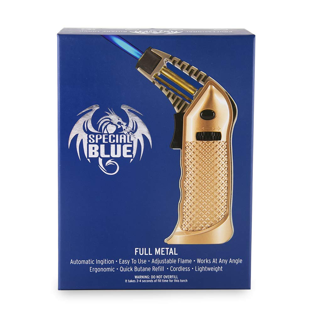 Special Blue Full Metal Butane Torch (Gold) - Refillable Flame Lighter- Culinary Torch - Welding Torch - Adjustable Dual Flame for Desserts, Creme Brulee, BBQ and Baking