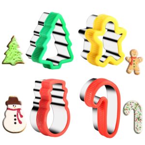 tmflexe stainless steel christmas cookie cutters with comfort grip for christmas party and baking gift, happy gingerbread man,christmas tree,candy cane,snowman 4 styles