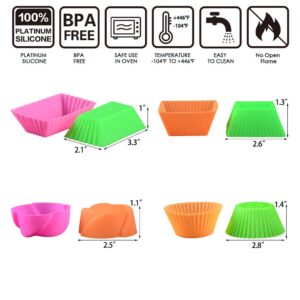 48 Pack Silicone Baking Cups Cupcake Liners - Reusable Silicone Molds Including Round, Rectanguar, Square, Flower BPA Free Food Grade Silicone