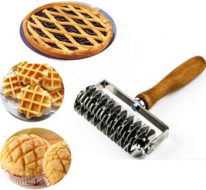 stainless steel dough lattice top cookie pie pizza bread pastry crust roller cutter,wood handle