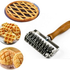 Stainless Steel Dough Lattice Top Cookie Pie Pizza Bread Pastry Crust Roller Cutter,Wood Handle