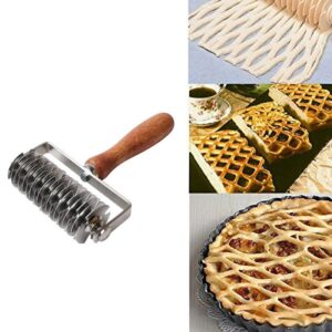 Stainless Steel Dough Lattice Top Cookie Pie Pizza Bread Pastry Crust Roller Cutter,Wood Handle