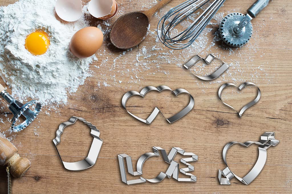 Wedding Heart Cookie Cutters, 6pcs Valentine's Day Cookie Biscuit Cutters Set with LOVE Cake Kiss Heart with Arrow Double Heart for Kitchen Lover Wedding Anniversary Engagement Themed Party Decoration