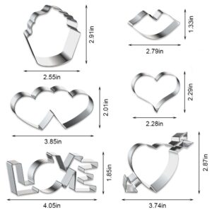 Wedding Heart Cookie Cutters, 6pcs Valentine's Day Cookie Biscuit Cutters Set with LOVE Cake Kiss Heart with Arrow Double Heart for Kitchen Lover Wedding Anniversary Engagement Themed Party Decoration