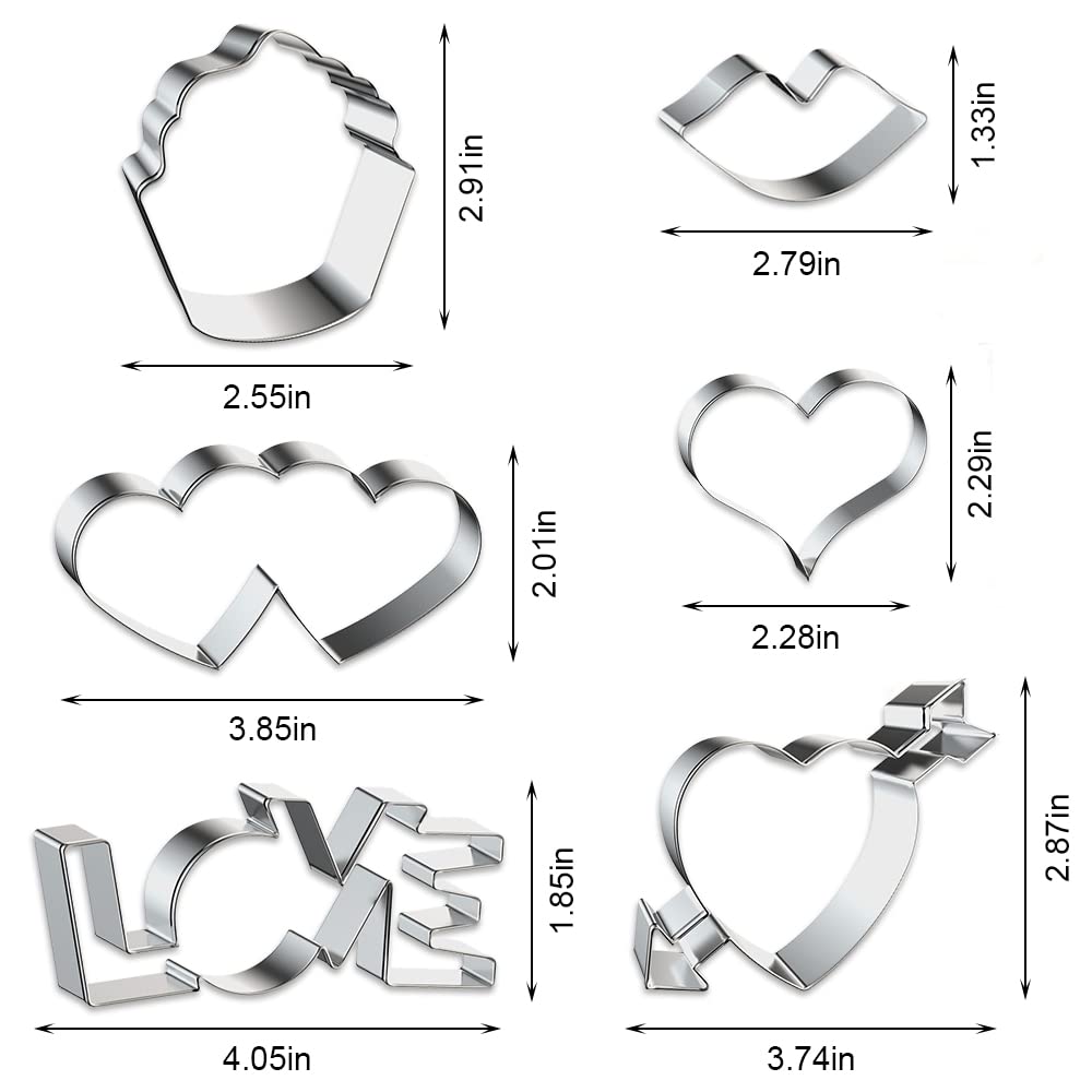 Wedding Heart Cookie Cutters, 6pcs Valentine's Day Cookie Biscuit Cutters Set with LOVE Cake Kiss Heart with Arrow Double Heart for Kitchen Lover Wedding Anniversary Engagement Themed Party Decoration