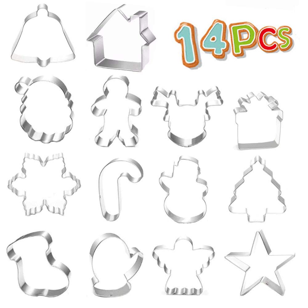 Cookie Cutters Christmas Shapes, 14PCS Christmas Cookie Cutters for Baking, Making Muffins,Biscuits, Sandwiches - Snowflake, Christmas Tree, Reindeer, Gingerbread Boy, Snowman, Angel, Bell, Gloves etc