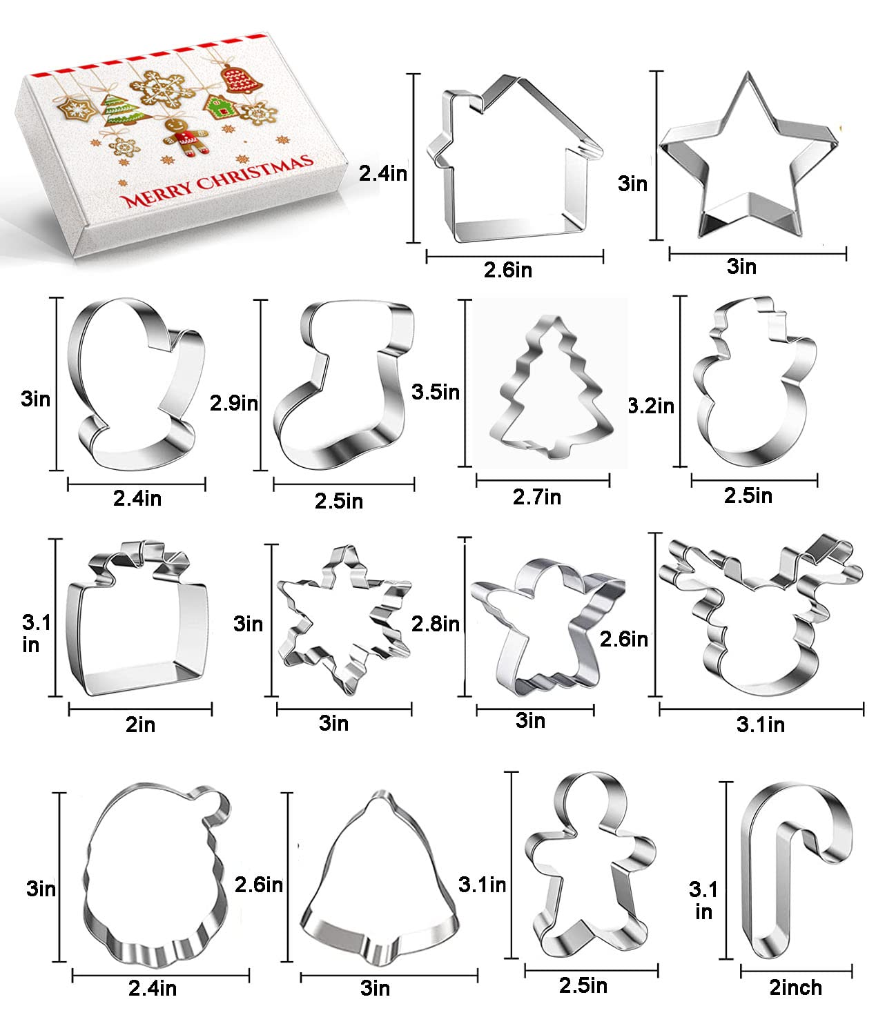 Cookie Cutters Christmas Shapes, 14PCS Christmas Cookie Cutters for Baking, Making Muffins,Biscuits, Sandwiches - Snowflake, Christmas Tree, Reindeer, Gingerbread Boy, Snowman, Angel, Bell, Gloves etc