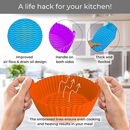 JUNPED Silicone Air Fryer Liner | 3 -Pack Reusable Silicone Basket To Cover Airfryer | 7,5 Inch Baking Tray Accessories For Oven Microwave | Food Safe Stress-Free Cleaning Inserts | Fits 3-5 Qt