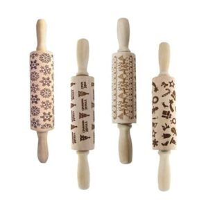 embossed wooden rolling pin, natural wood carved engraved rolling pin with christmas snowflake flower pattern for baking embossed cookies, cute kitchen tool for kids and adults (h1)