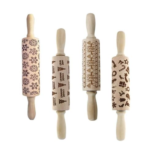 Embossed Wooden Rolling Pin, Natural Wood Carved Engraved Rolling Pin with Christmas Snowflake Flower Pattern for Baking Embossed Cookies, Cute Kitchen Tool for Kids and Adults (H1)