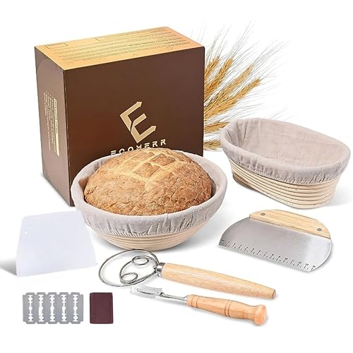 ECOMERR 9” Banneton Bread Proofing Basket - Set of 2 Round & Oval Rattan Proofing Baskets for Sourdough Bread Baking with Bread Lame + Steel & Plastic Dough Scraper + Linen Liner Cloth + Dough Whisk