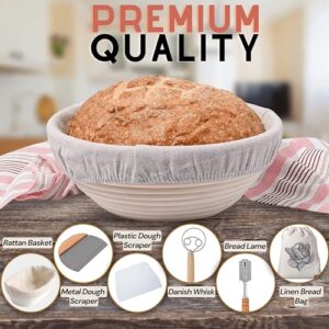 ECOMERR 9” Banneton Bread Proofing Basket - Set of 2 Round & Oval Rattan Proofing Baskets for Sourdough Bread Baking with Bread Lame + Steel & Plastic Dough Scraper + Linen Liner Cloth + Dough Whisk