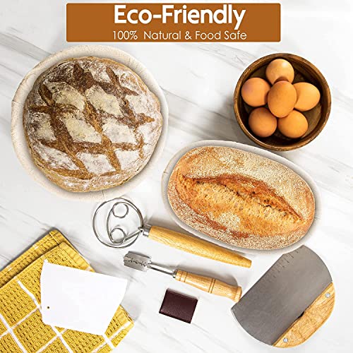 ECOMERR 9” Banneton Bread Proofing Basket - Set of 2 Round & Oval Rattan Proofing Baskets for Sourdough Bread Baking with Bread Lame + Steel & Plastic Dough Scraper + Linen Liner Cloth + Dough Whisk